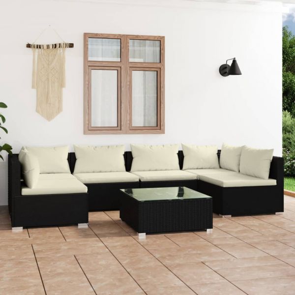 7 Peças Conjunto Lounge De Jardim Com Almofadões Vime Pe Preto 3101879 Kuantokusta